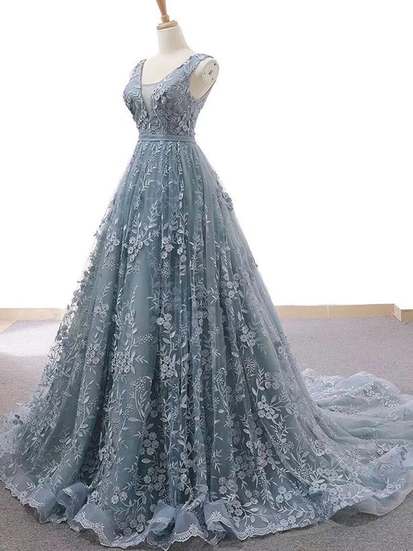 Double Neck Unique Lace Prom Dress Long A Line Prom Evening Dress CAP5 ...